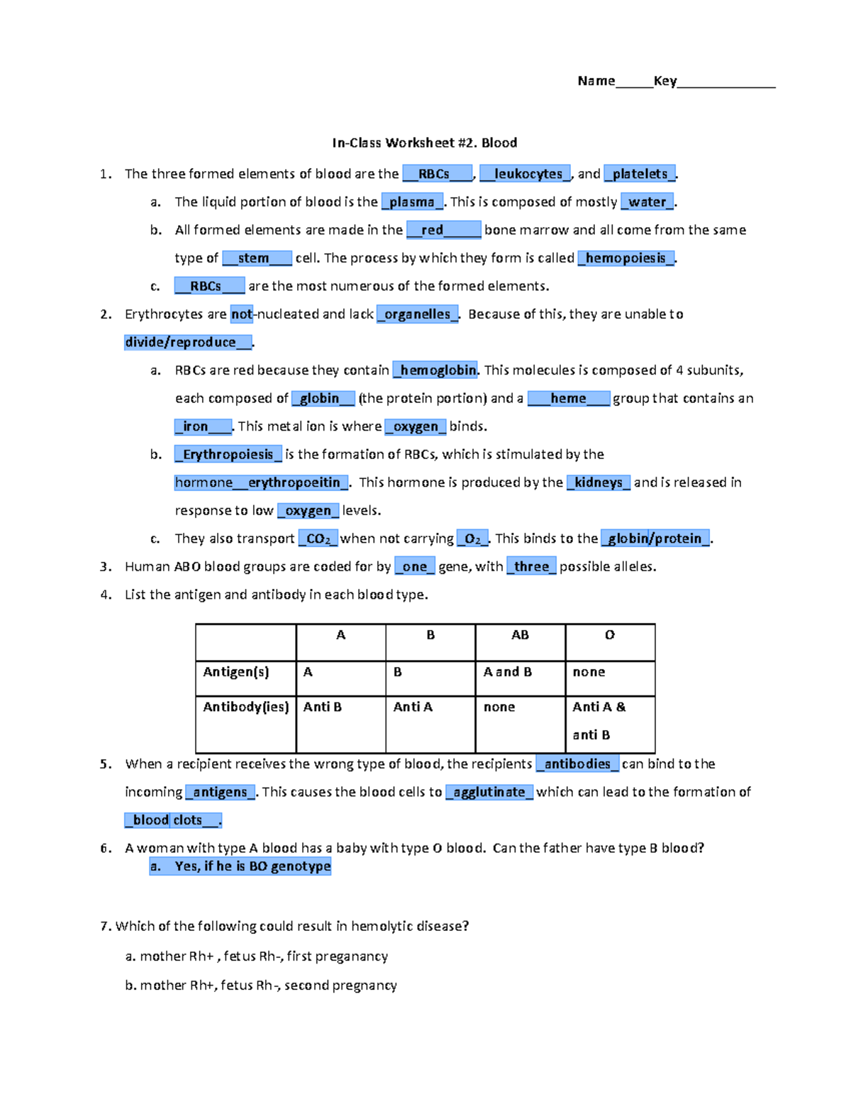 Work sheet 2. Blood key - Professor Christiansen Cardiovascular system ...
