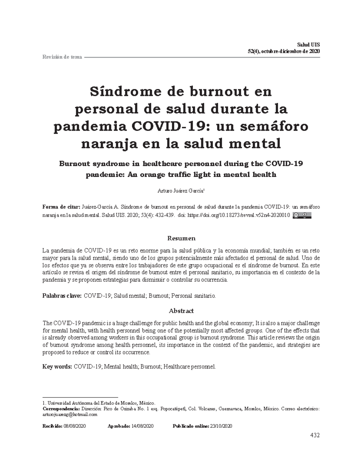 Sindrome Burnout semaforo naranja - 432 Salud UIS 52(4), octubre ...