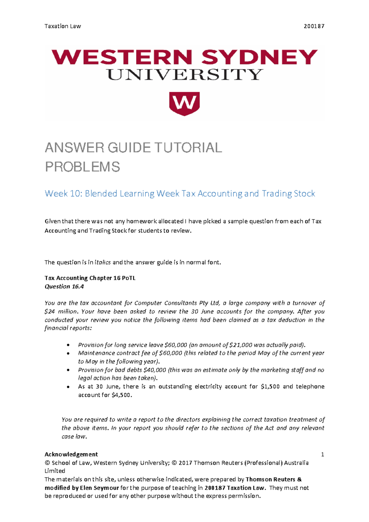 Taxation Law 200187 ANSWER GUIDE TUTORIAL PROBLEMS Week 10: Blended ...