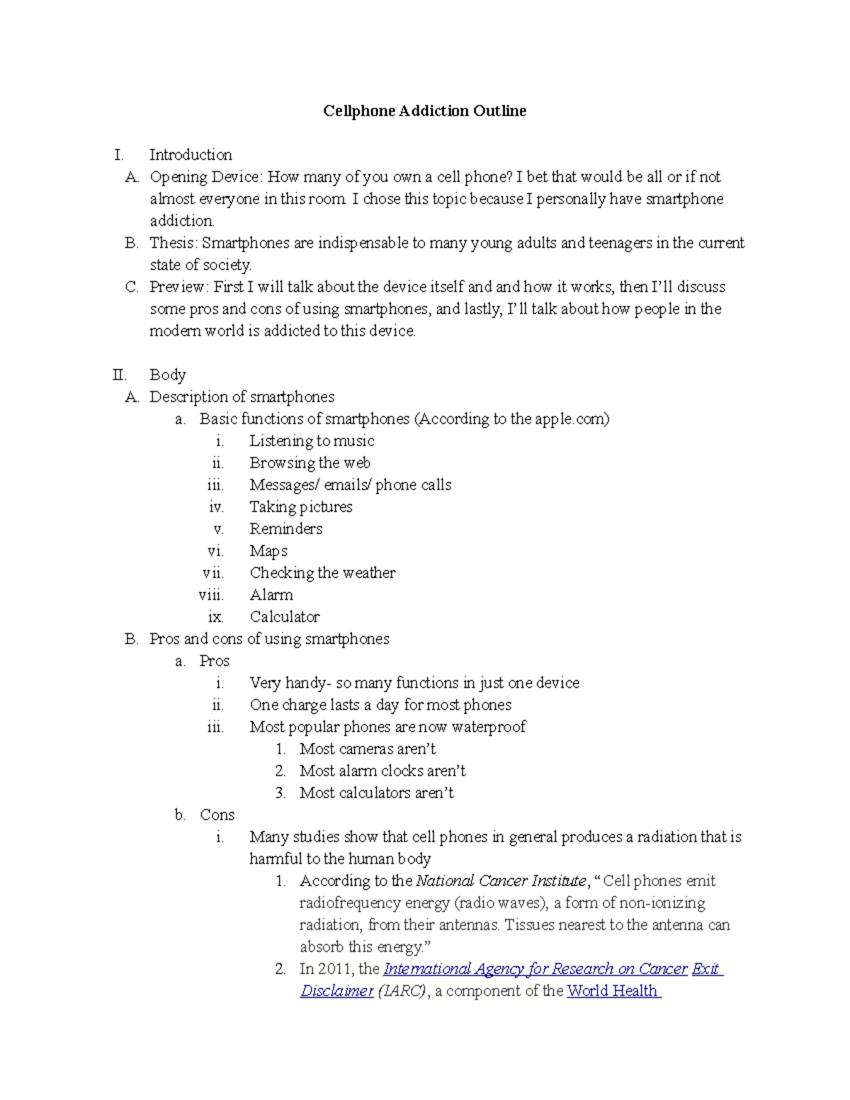 Speech to Inform - Cellphone Addiction Outline I. Introduction A ...