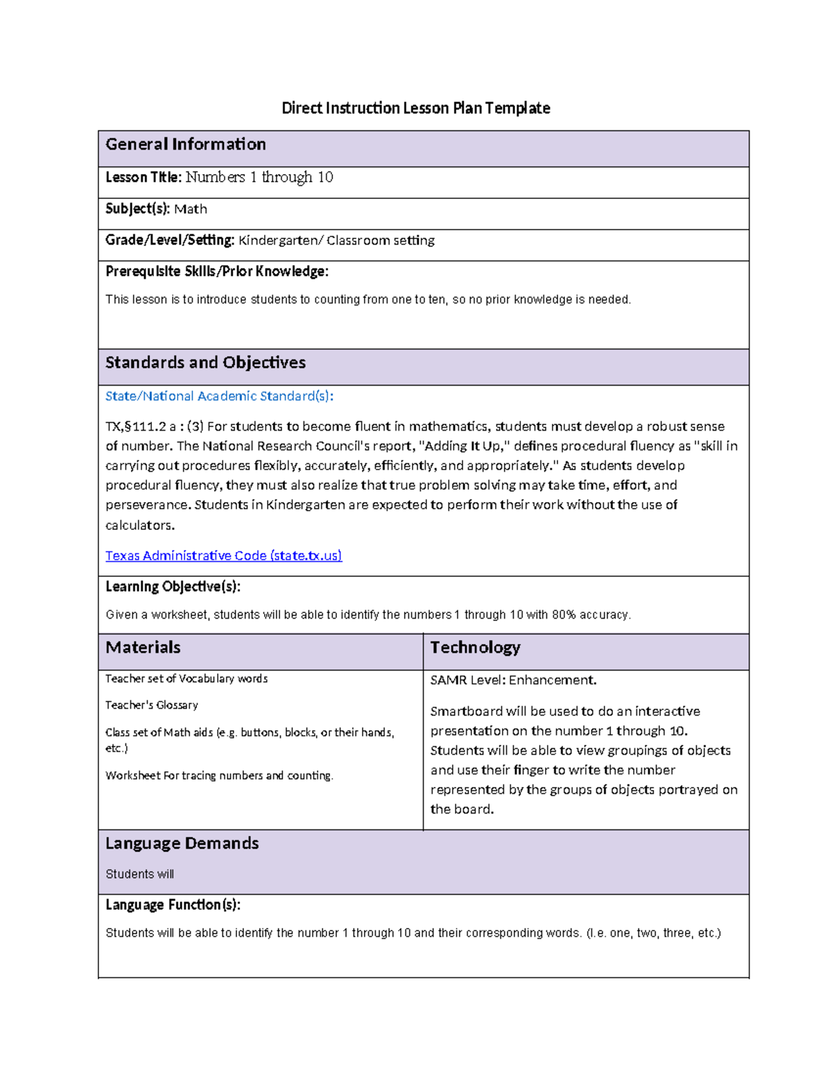 Direct Lesson Plan - Direct Instruction Lesson Plan Template General ...