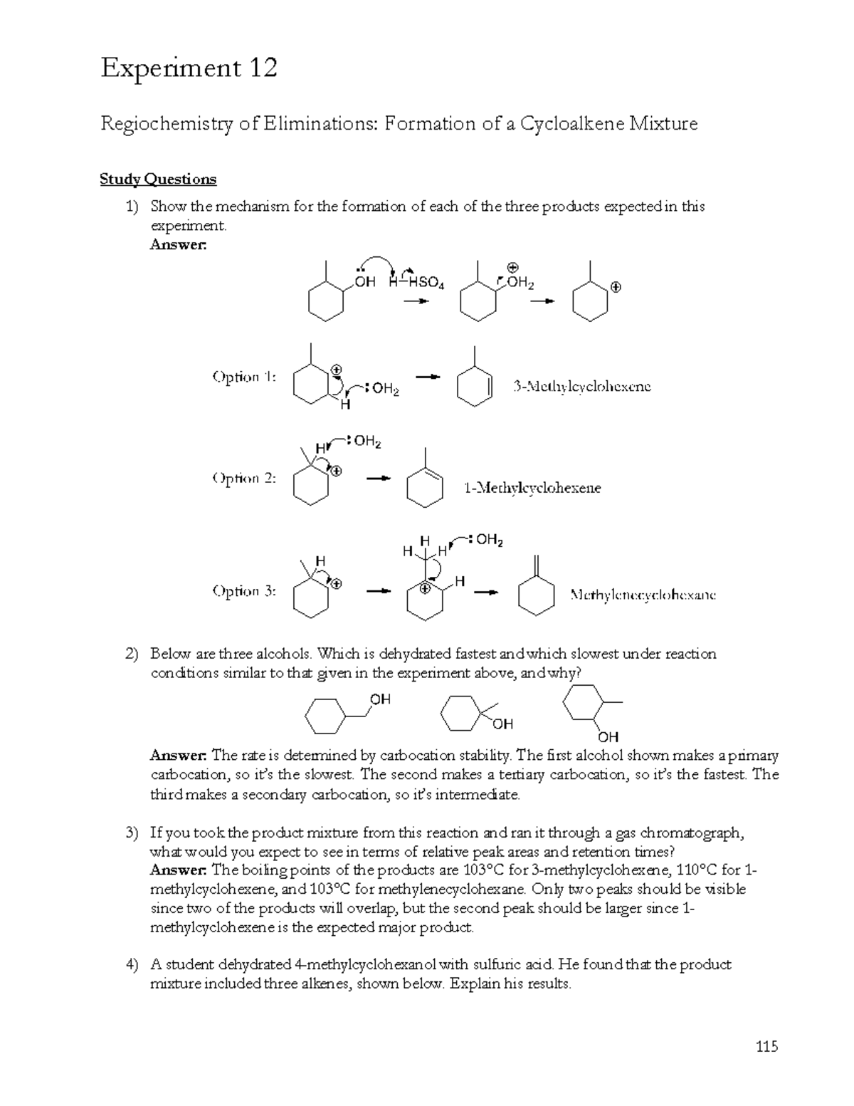 StudyQuestions-Regiochemistry of Eliminations key for ochem lab1 - 115 ...