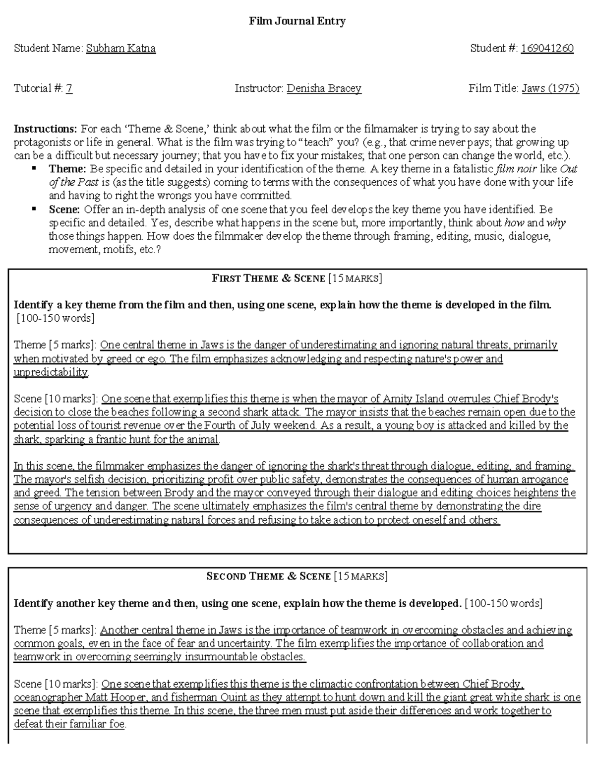 Jaws 1975 Film Journal form 1 - Film Journal Entry Student Name: Subham ...