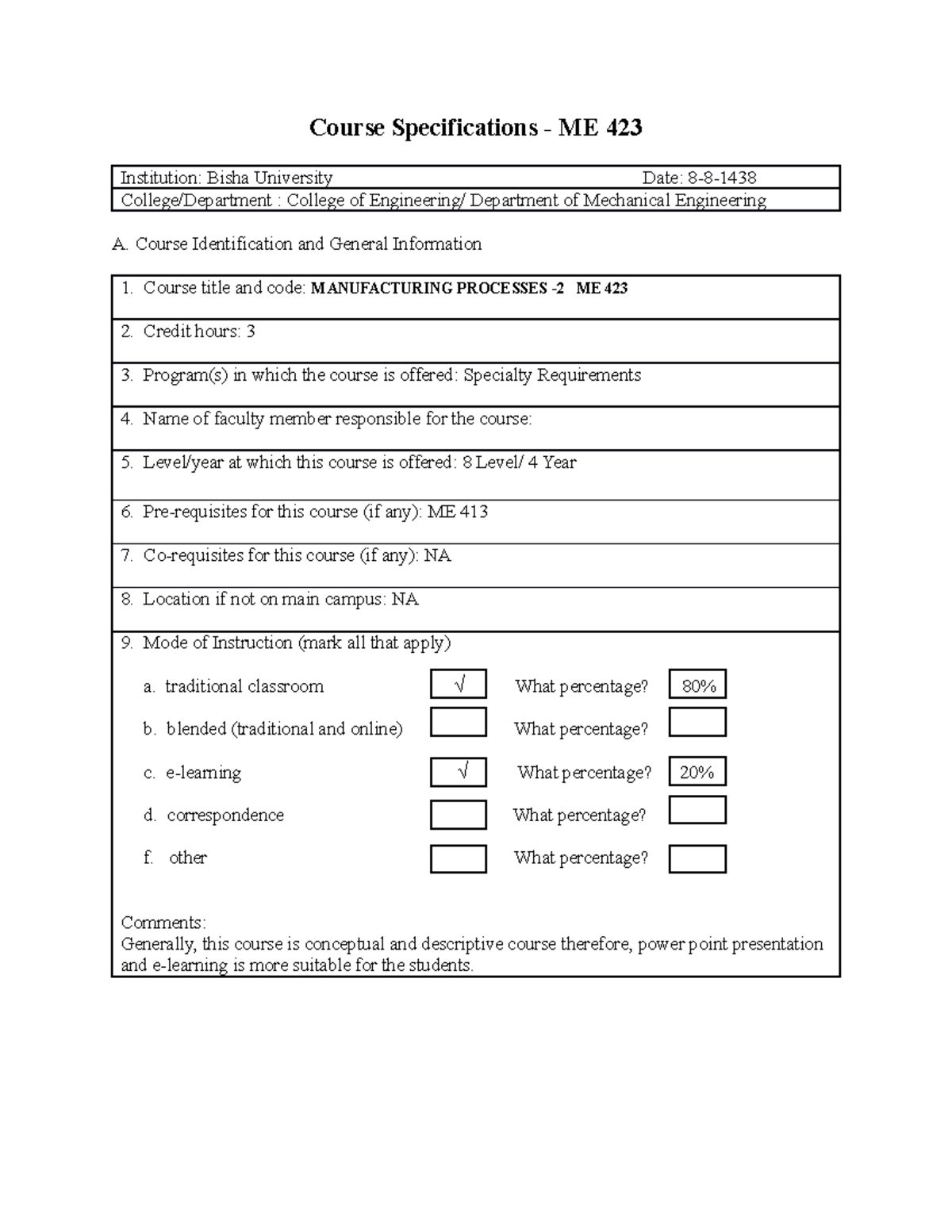L 0 - Course Specifications - Course Specifications - ME 423 ...