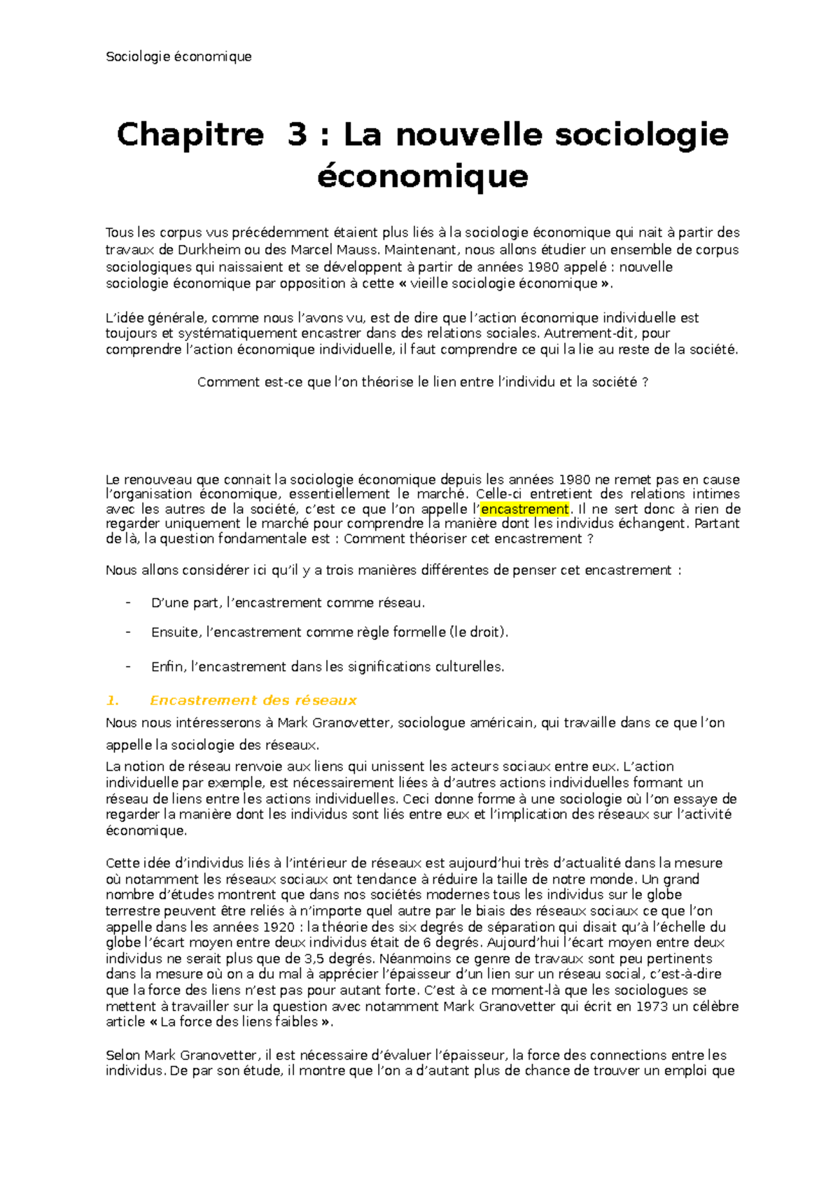 Chapitre 3 - La nouvelle sociologie économique - Chapitre 3 : La ...