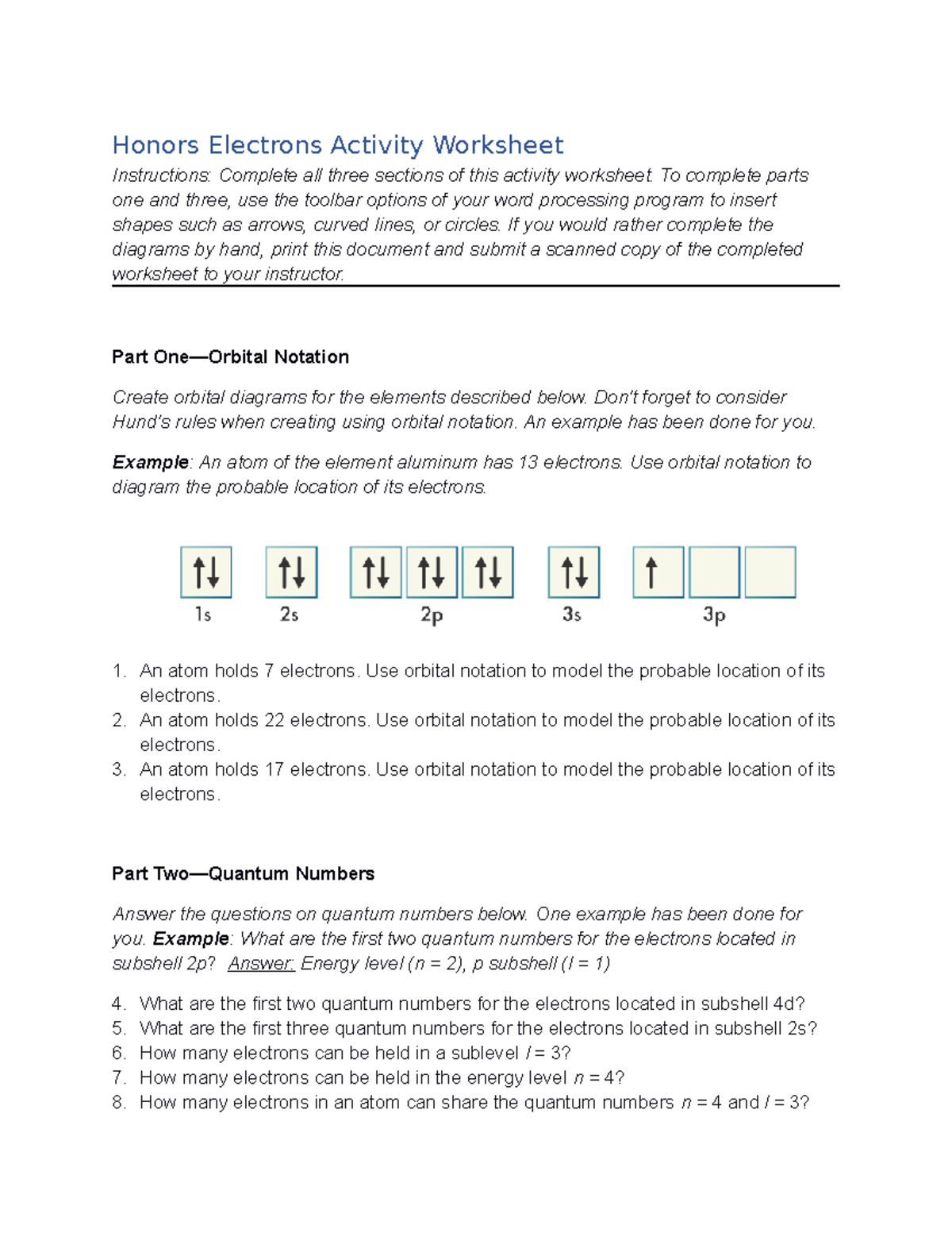 Honors electrons activity - To complete parts one and three, use the ...