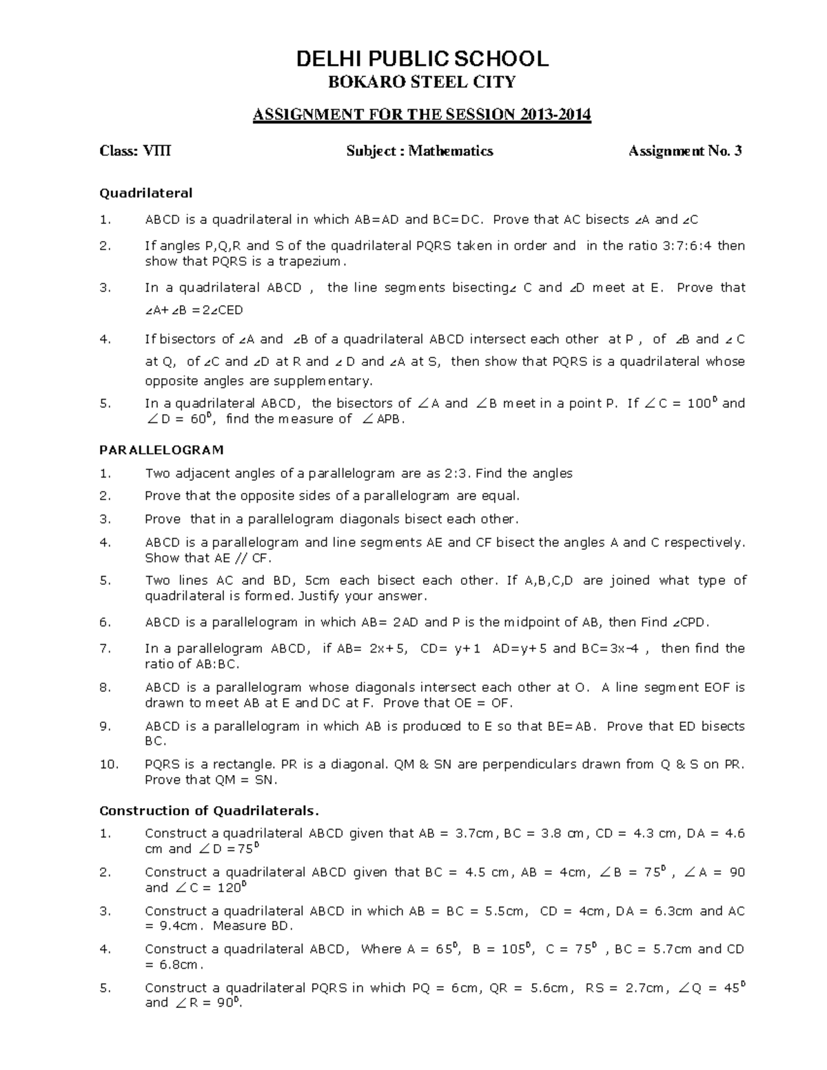 CBSE Class 8 Mathematics Worksheet - BOKARO STEEL CITY ASSIGNMENT FOR ...
