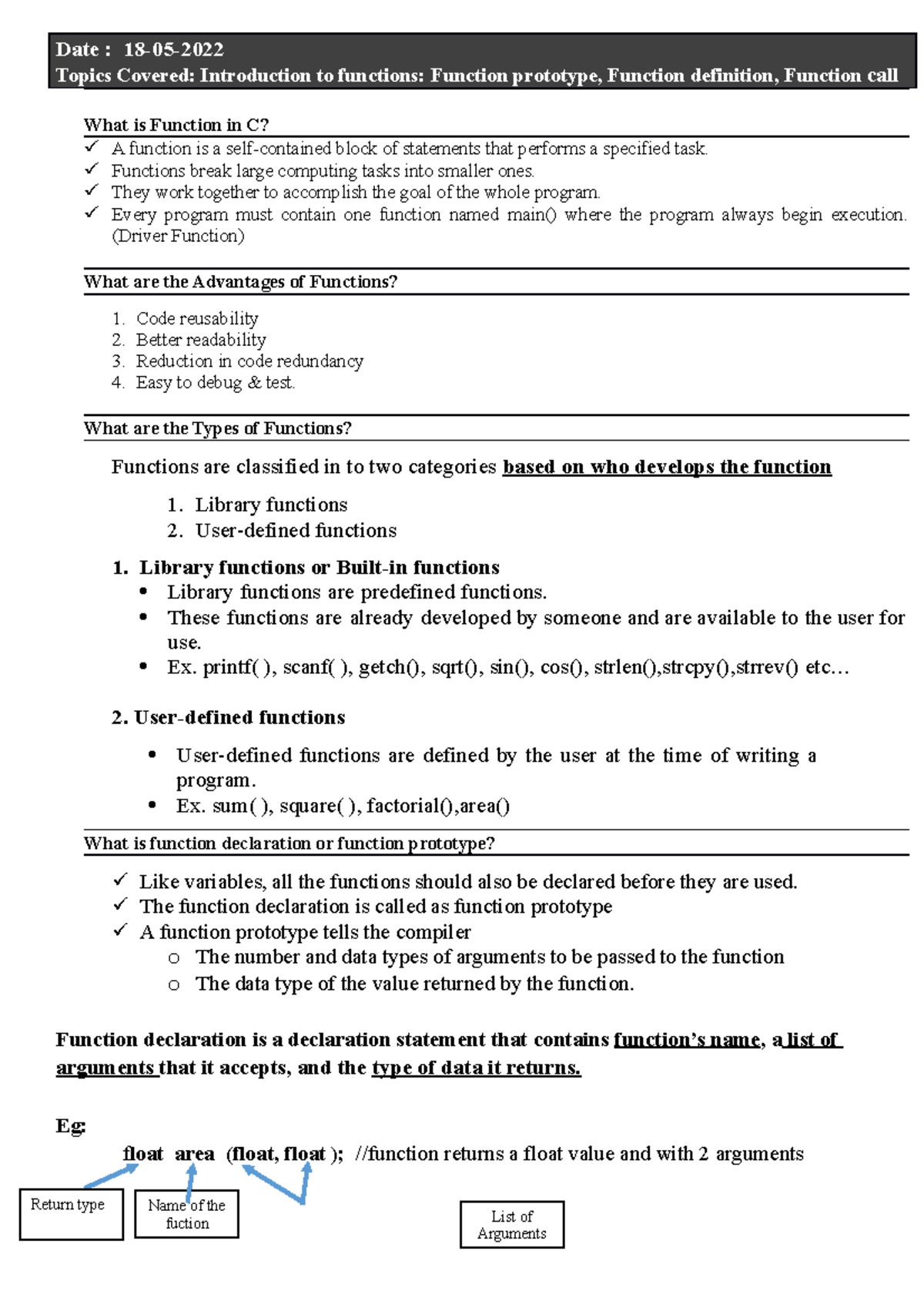 Functions - day 1 - GFGFGFG - Date : 18-05- Topics Covered: Introduction to functions: Function ...