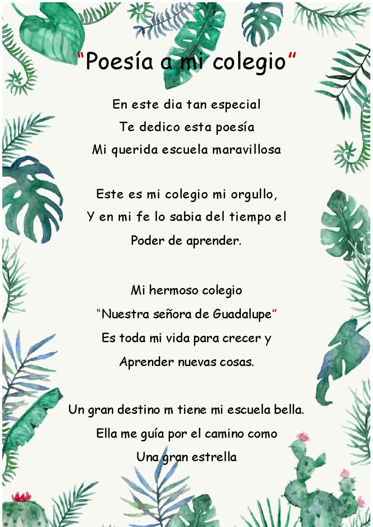 Poesía a mi colegio - poesia - Razonamiento verbal - “Poesía a mi colegio” En este dia tan ...