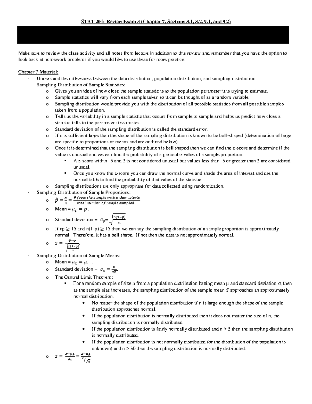 Exam 3 Review - Pittman - STAT 201: Review Exam 3 (Chapter 7, Sections ...