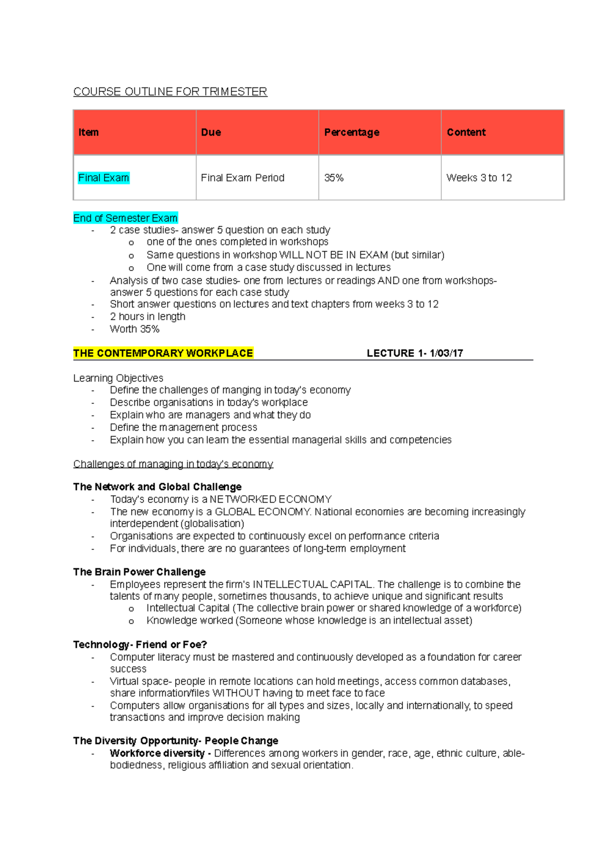 Management Concepts- Notes - COURSE OUTLINE FOR TRIMESTER Item Due ...