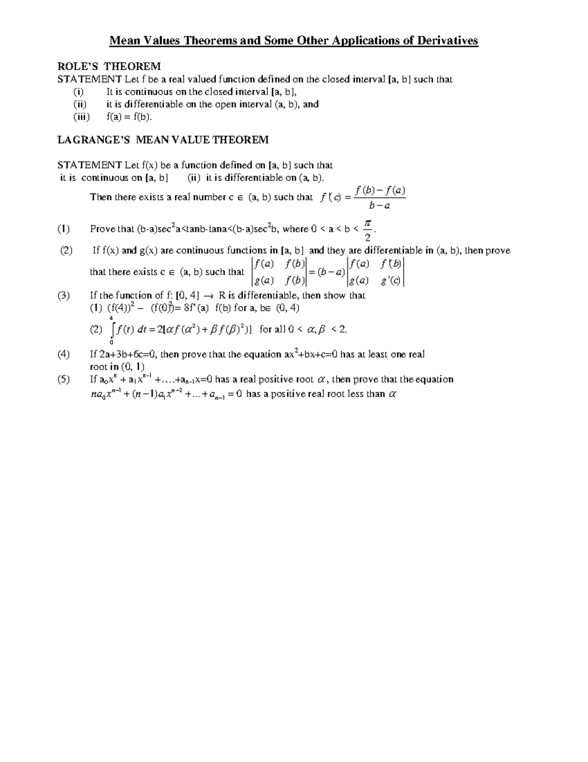 Mean Values Theorems - LAGRANGE’S MEAN VALUE THEOREM STATEMENT Let f(x ...