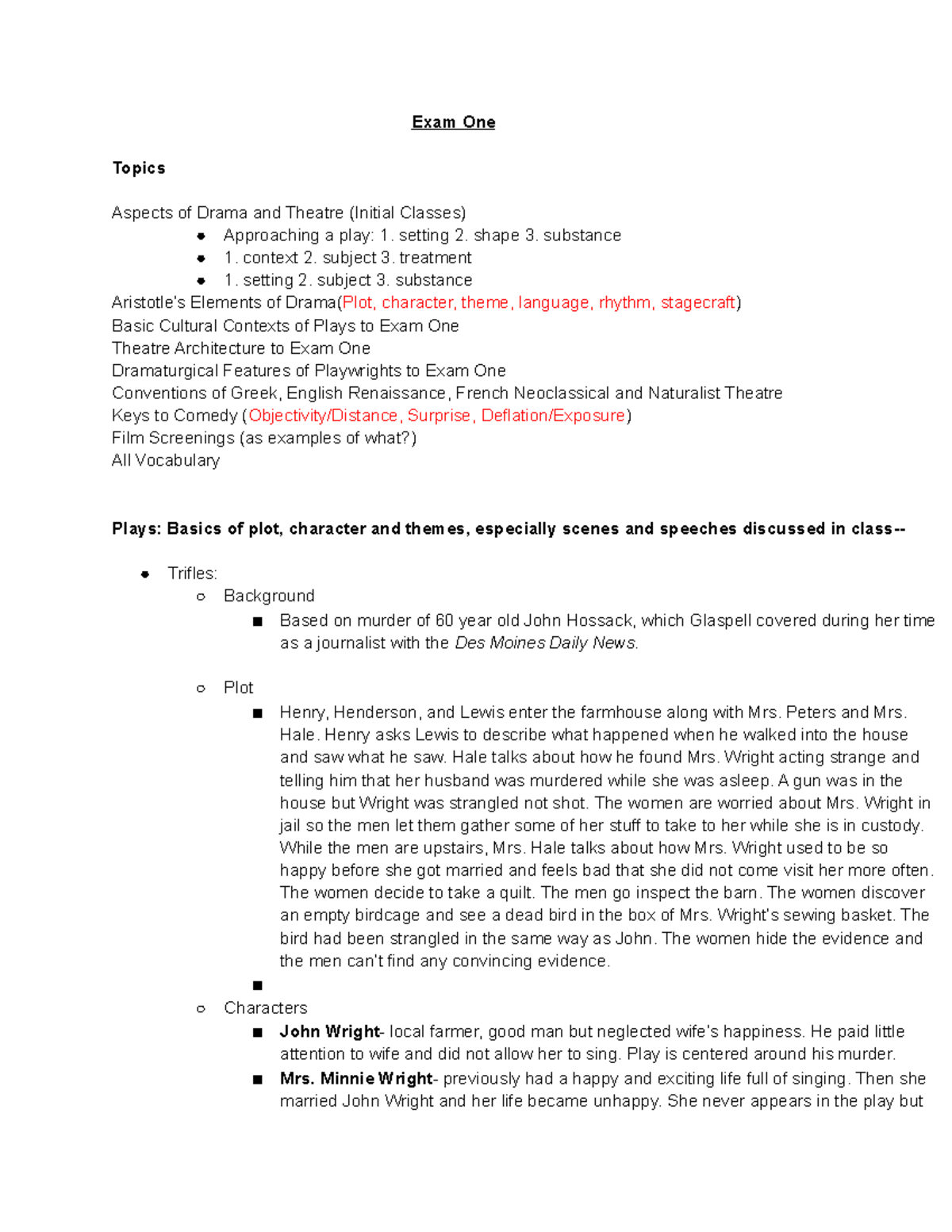 Final Exam Review - Exam One Topics Aspects of Drama and Theatre ...