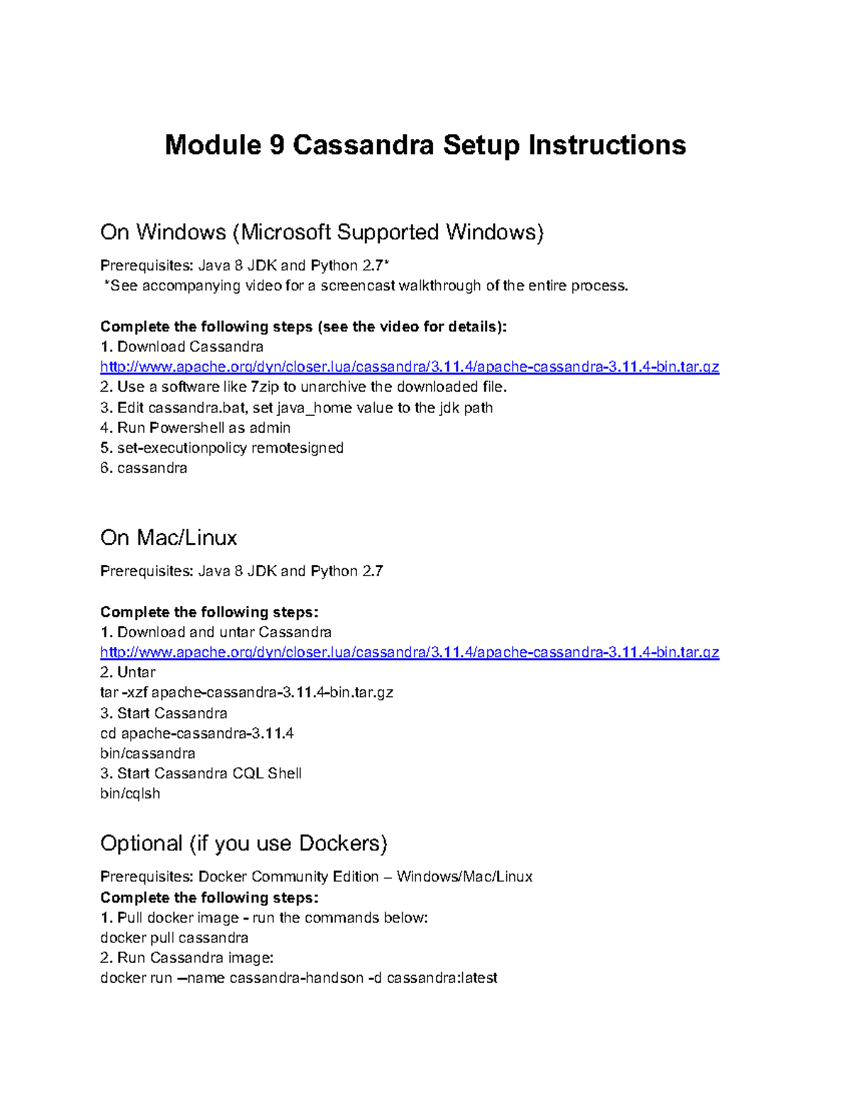09 02 Cassandra Setup Module 9 Cassandra Setup Instructions On Windows Microsoft Supported