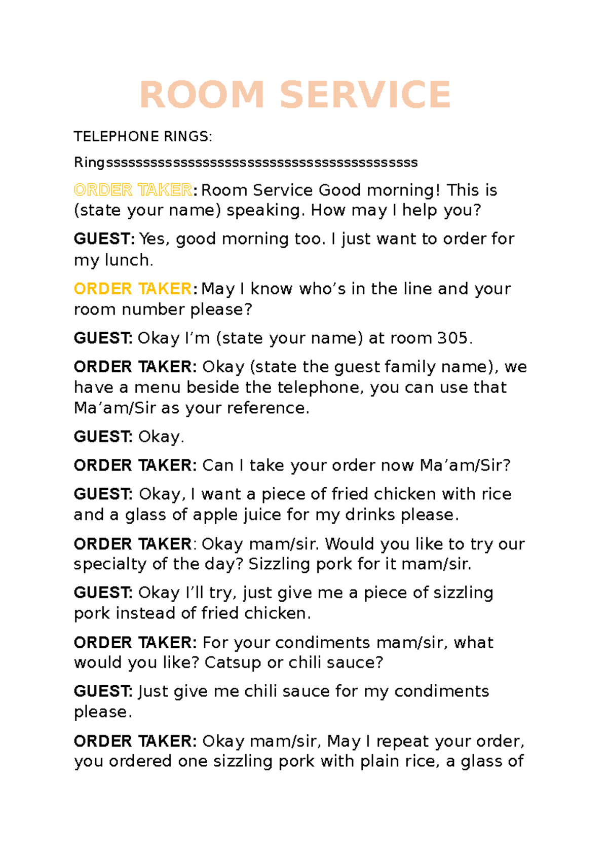 ROOM Service Dialogue - ROOM SERVICE TELEPHONE RINGS ...