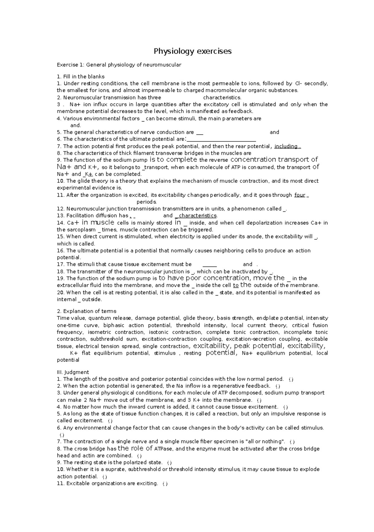 Physiology exercises - Tasks to be completed - Physiology exercises ...