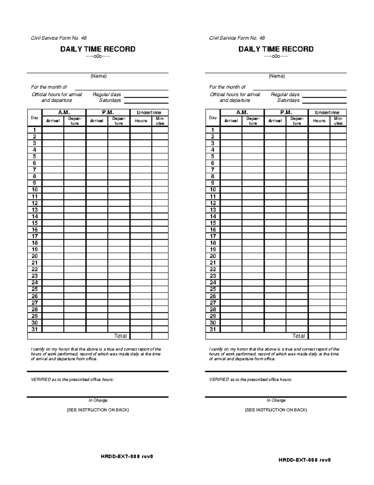 INTERNSHIP (DTR) DAILY TIME RECORD - Civil Service Form No. 48 DAILY ...