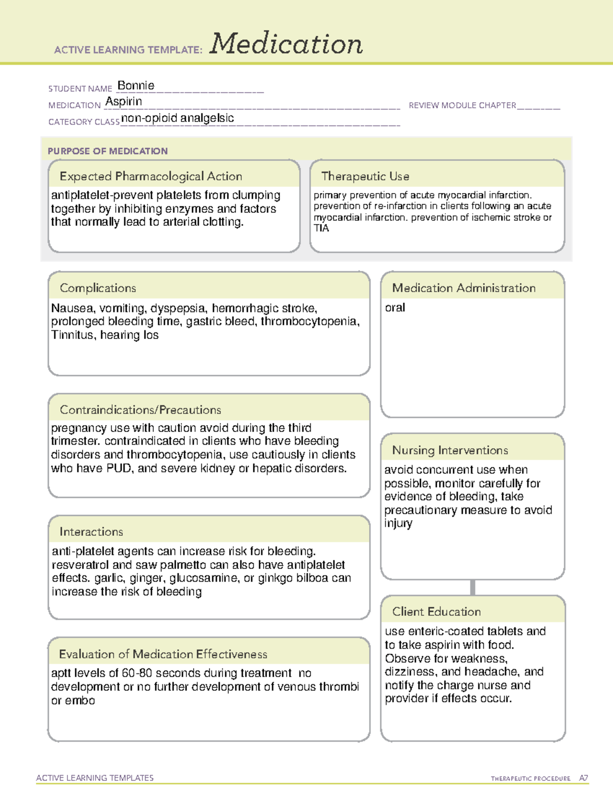 Aspirin - assignment - ACTIVE LEARNING TEMPLATES TherapeuTic procedure ...