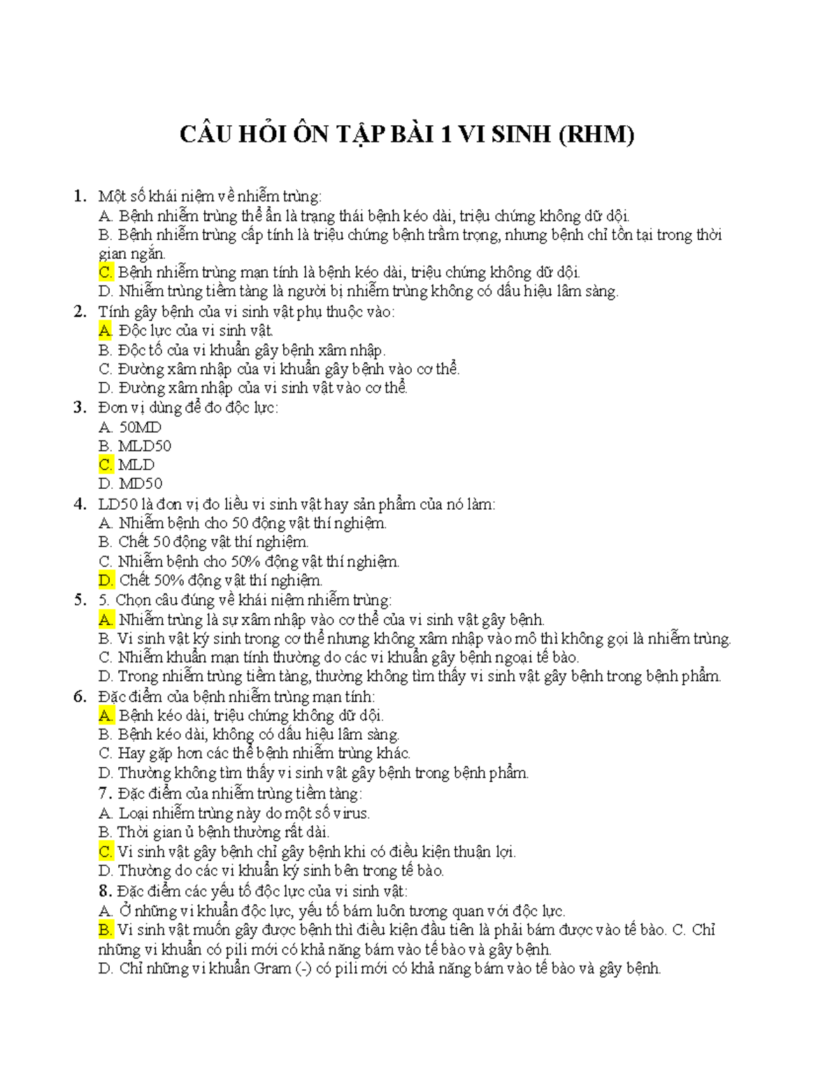 CÂU HỎI ÔN TẬP BÀI 1 VI SINH - CÂU HỎI ÔN TẬP BÀI 1 VI SINH (RHM) 1. Một s Ā kh愃Āi niệm v nhi ̀m ...