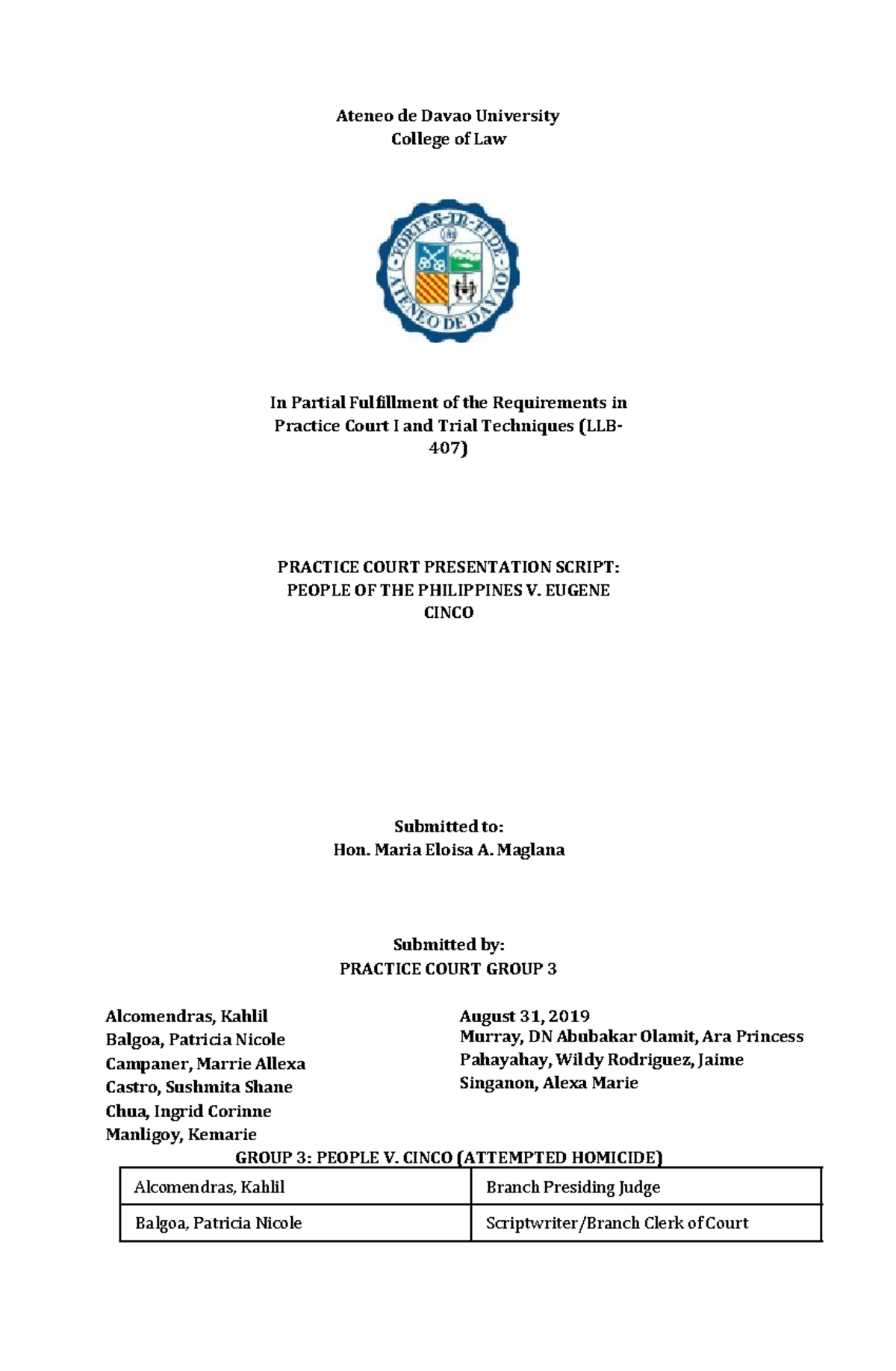 Mock trial script pre trial and arraignment Ateneo de davao - Ateneo de ...