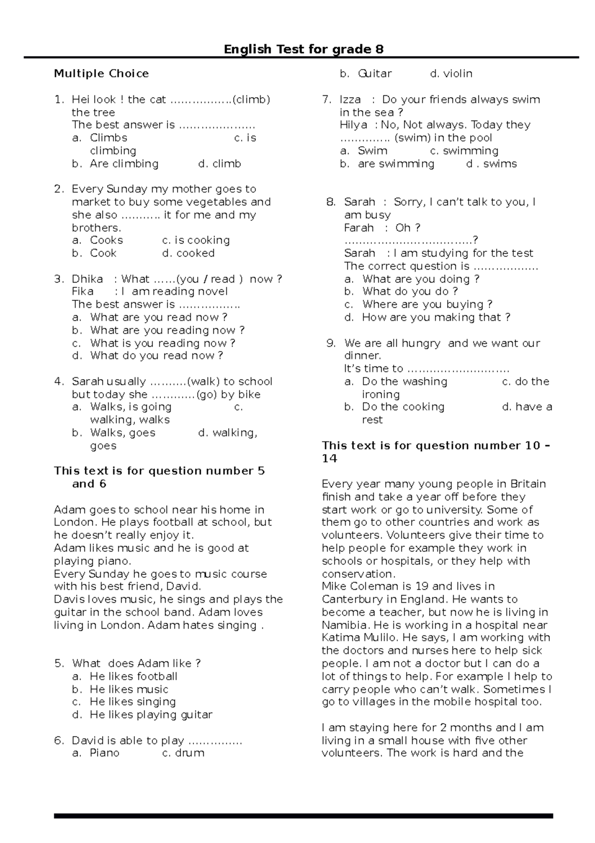 SOAL 2 English Test For Grade 8 Multiple Choice Hei Look The Cat