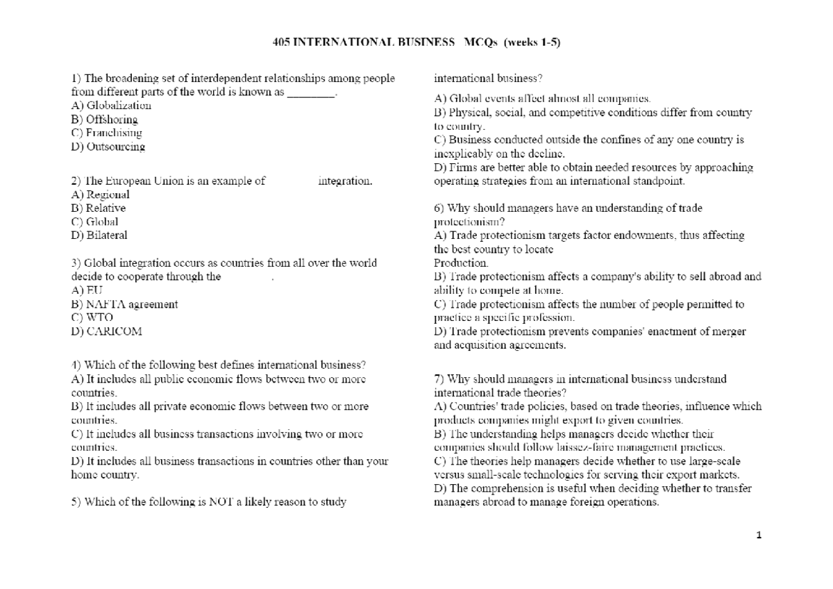 International business multiple choice questions - Bsc - Studocu