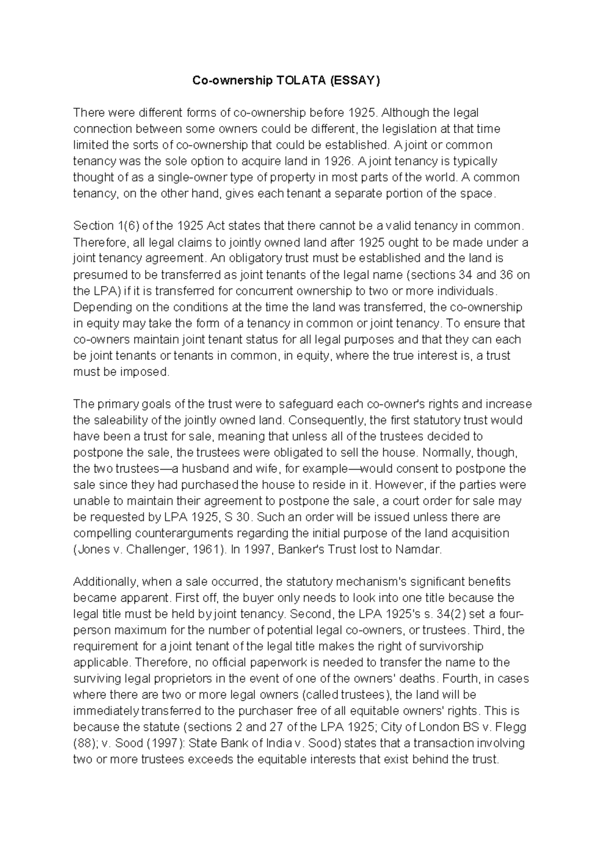 Co-ownership Tolata ( Essay) - Co-ownership TOLATA (ESSAY) There were ...