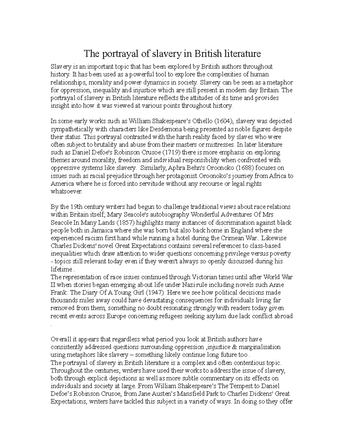 British literature - The portrayal of slavery in British literature ...