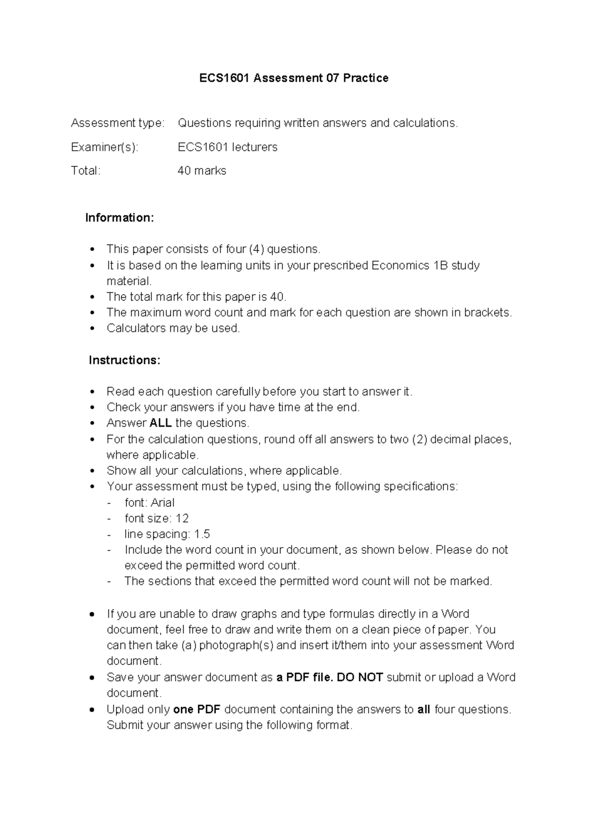 ECS1601 Assessment 07 practice S2 2024 dba72d7a39da2afdd37babcd 49121 ...