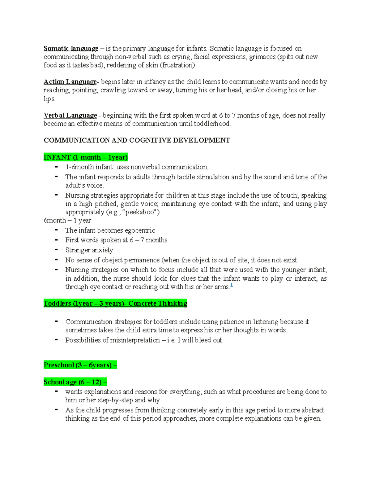 PEDS - MY Notes - Pediatric - Somatic language – is the primary ...