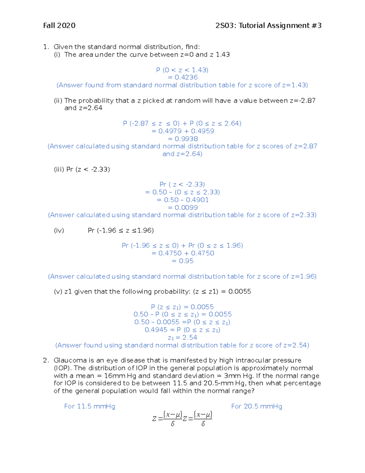 Tutorial Assignment 3 - Fall 2020 2S03: Tutorial Assignment Given the standard normal ...