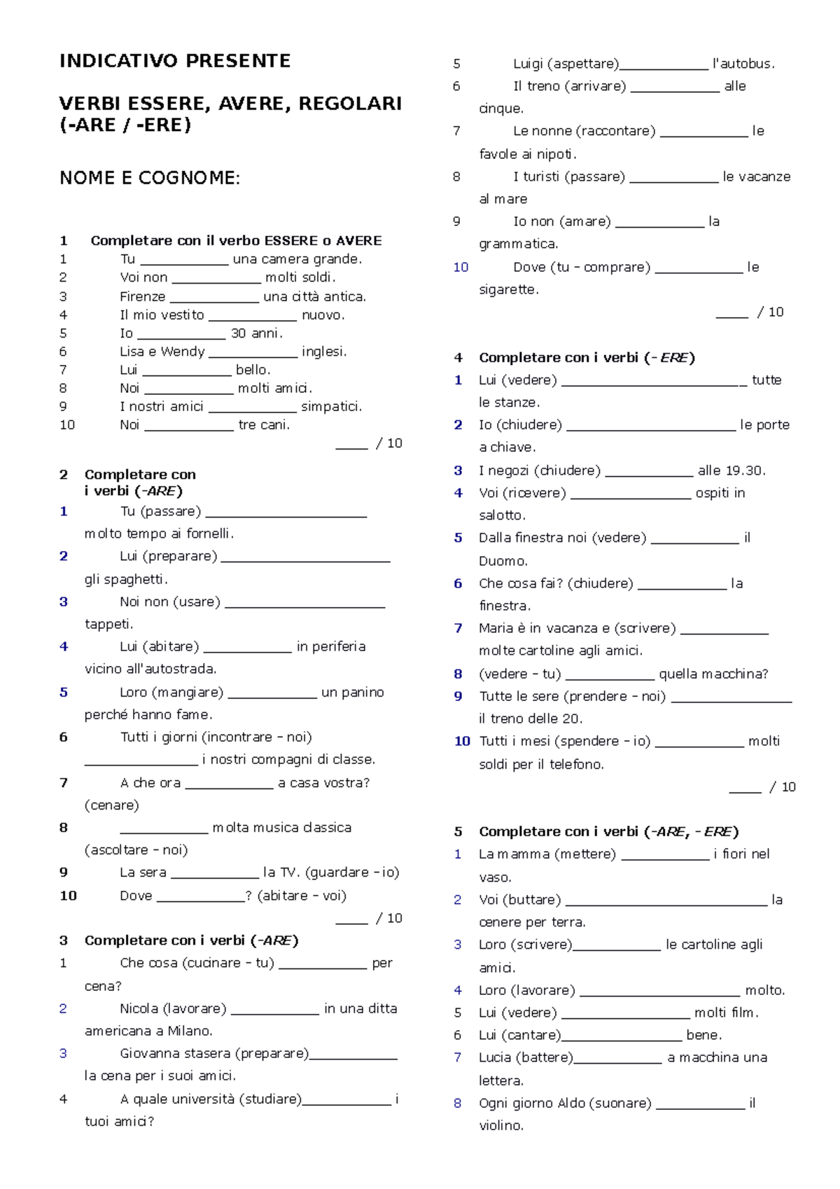 Attività di classe - Verbi Essere, Avere, ARE-ERE (2) - INDICATIVO ...