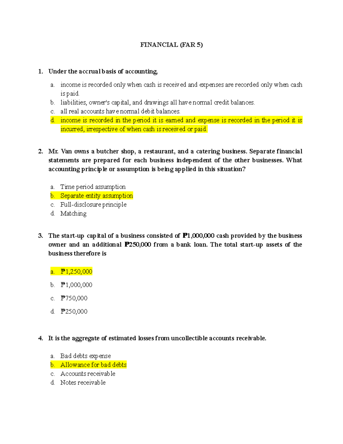 Financial FAR 5 - IT COMPOSE OF MULTIPLE CHOICE QUESTION WITH ANSWERS ...