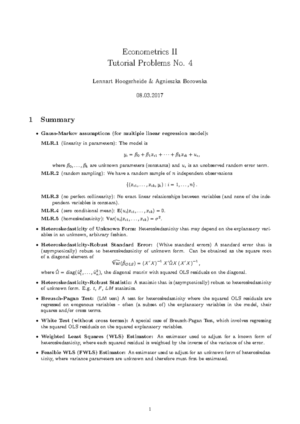 Tutorial Problems 4 Answers Econometrics Ii Tutorial Problems No 4 Lennart Hoogerheide