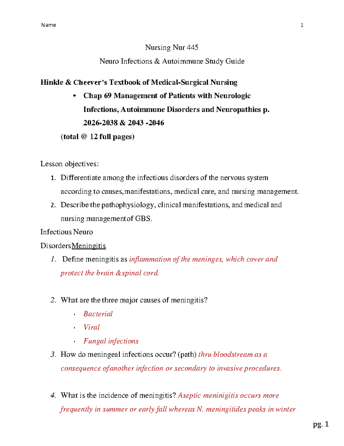 E3 Neuro Infections and Autoimmune Study Guide 3 - Nursing Nur 445 ...
