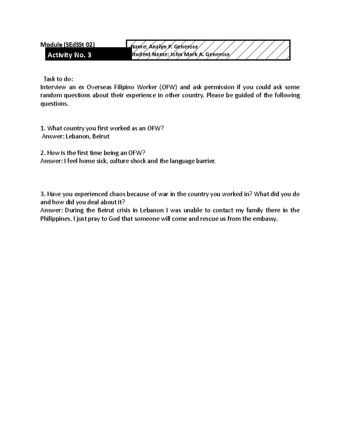 Timeline - Module (SEdSSt 02) Task to do: Interview an ex Overseas ...