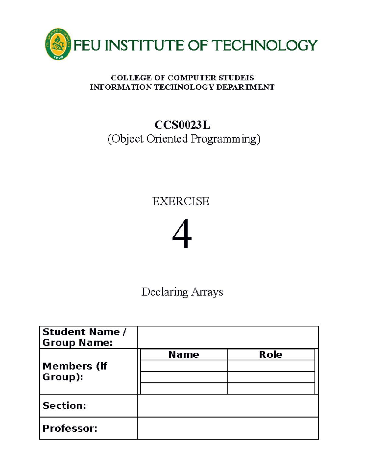 Lab Exp 4 (Declaring Arrays) - COLLEGE OF COMPUTER STUDEIS INFORMATION ...
