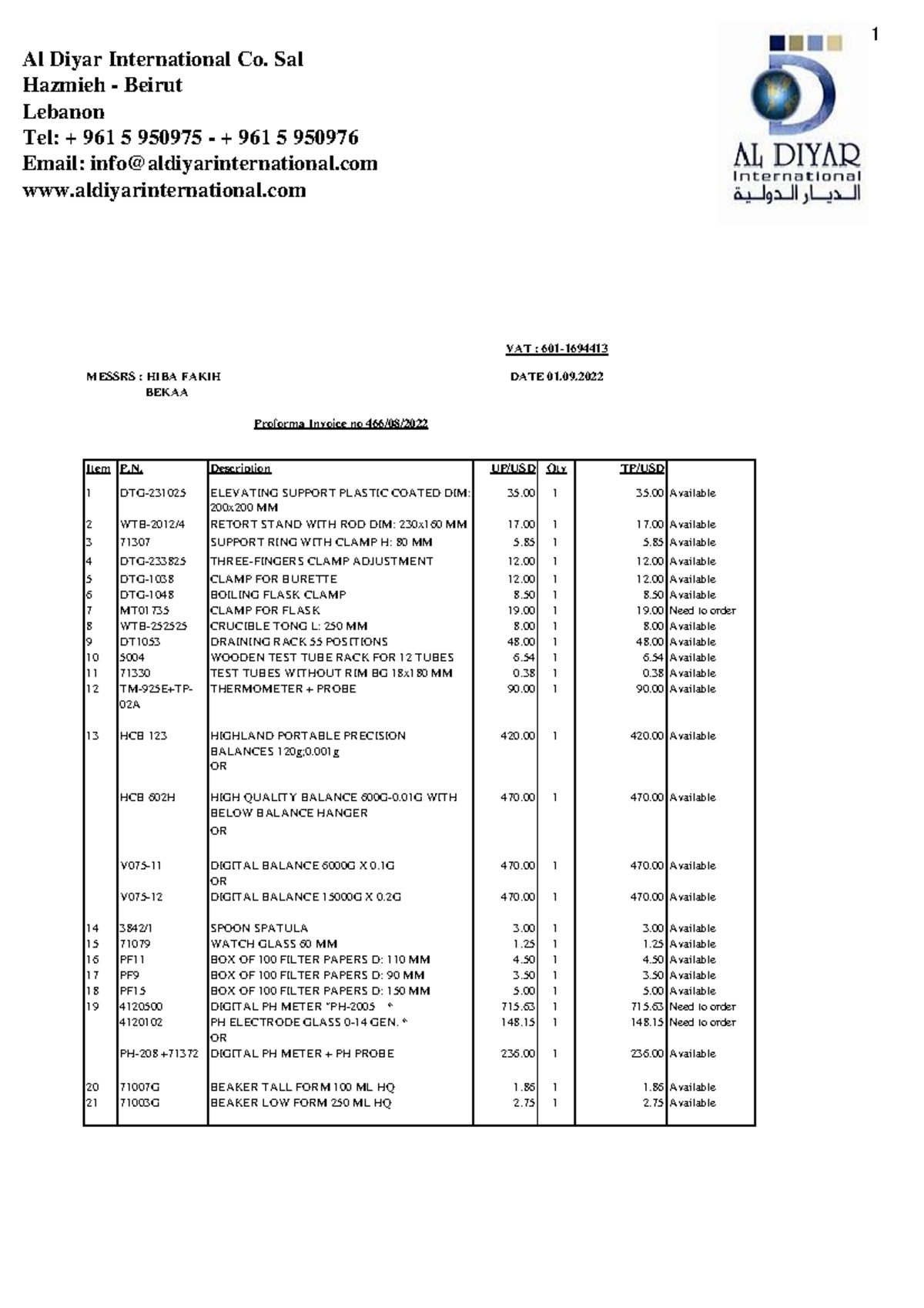N2022-466 hiba fakih - Lecture 1 - VAT : 601- MESSRS : HIBA FAKIH DATE ...