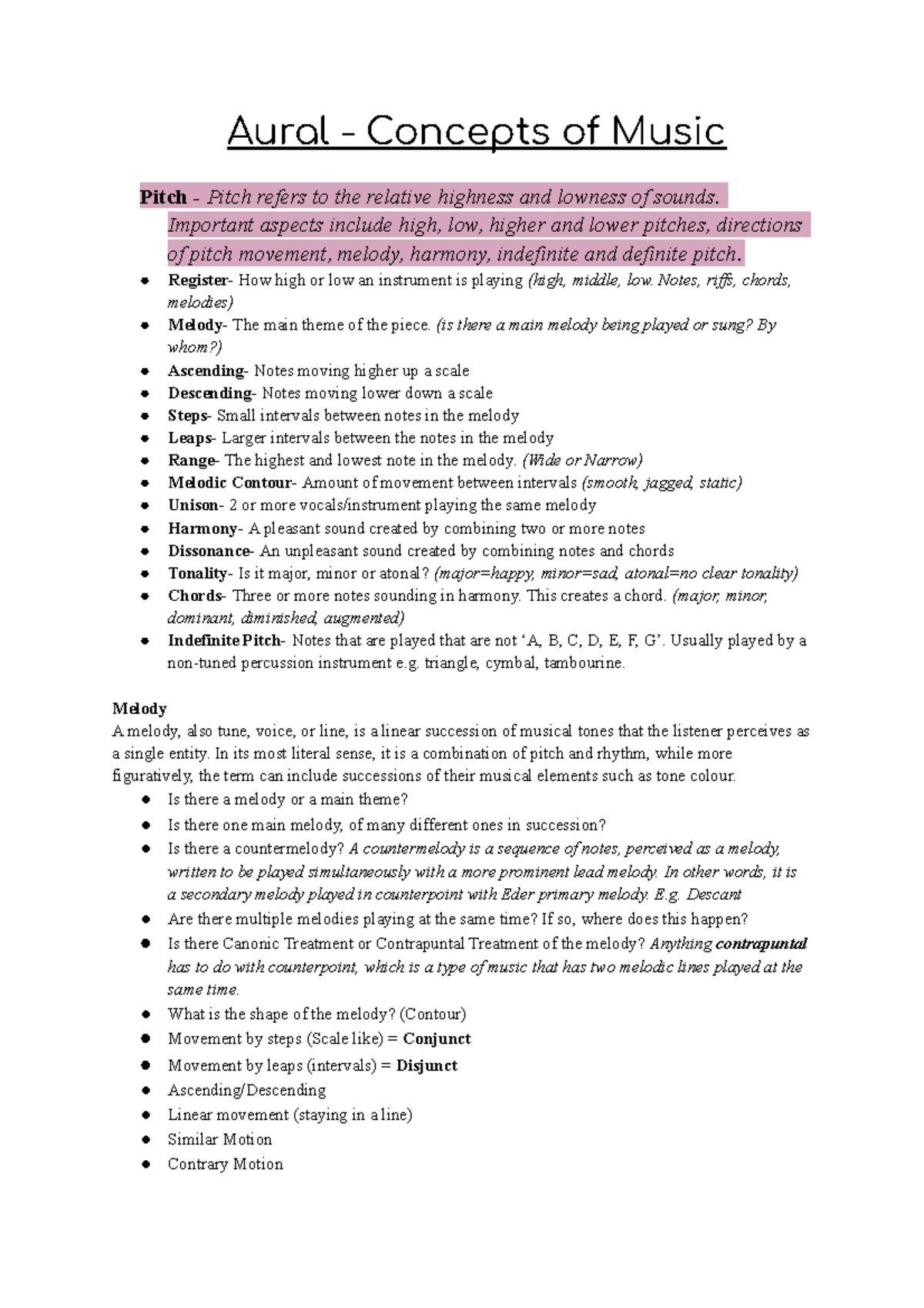 Music Master Notes - Aural - Concepts of Music Pitch - Pitch refers to ...