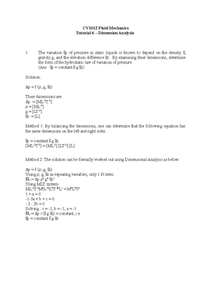 CV1012 Tutorial 6-10 Solutions - CV1012 Fluid Mechanics Tutorial 6 – Dimension Analysis The ...