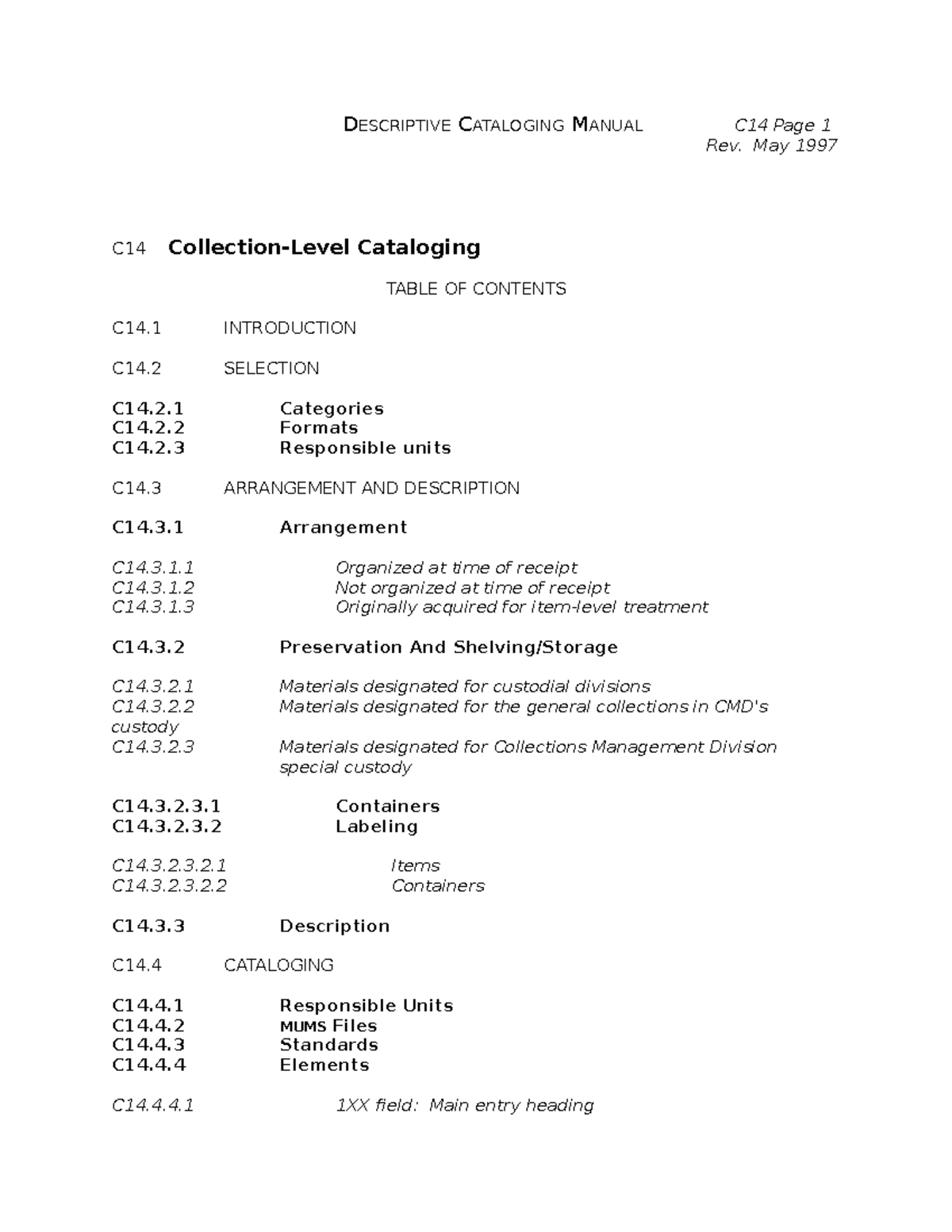 Collection Level of Materials - DESCRIPTIVE CATALOGING MANUAL C14 Page ...