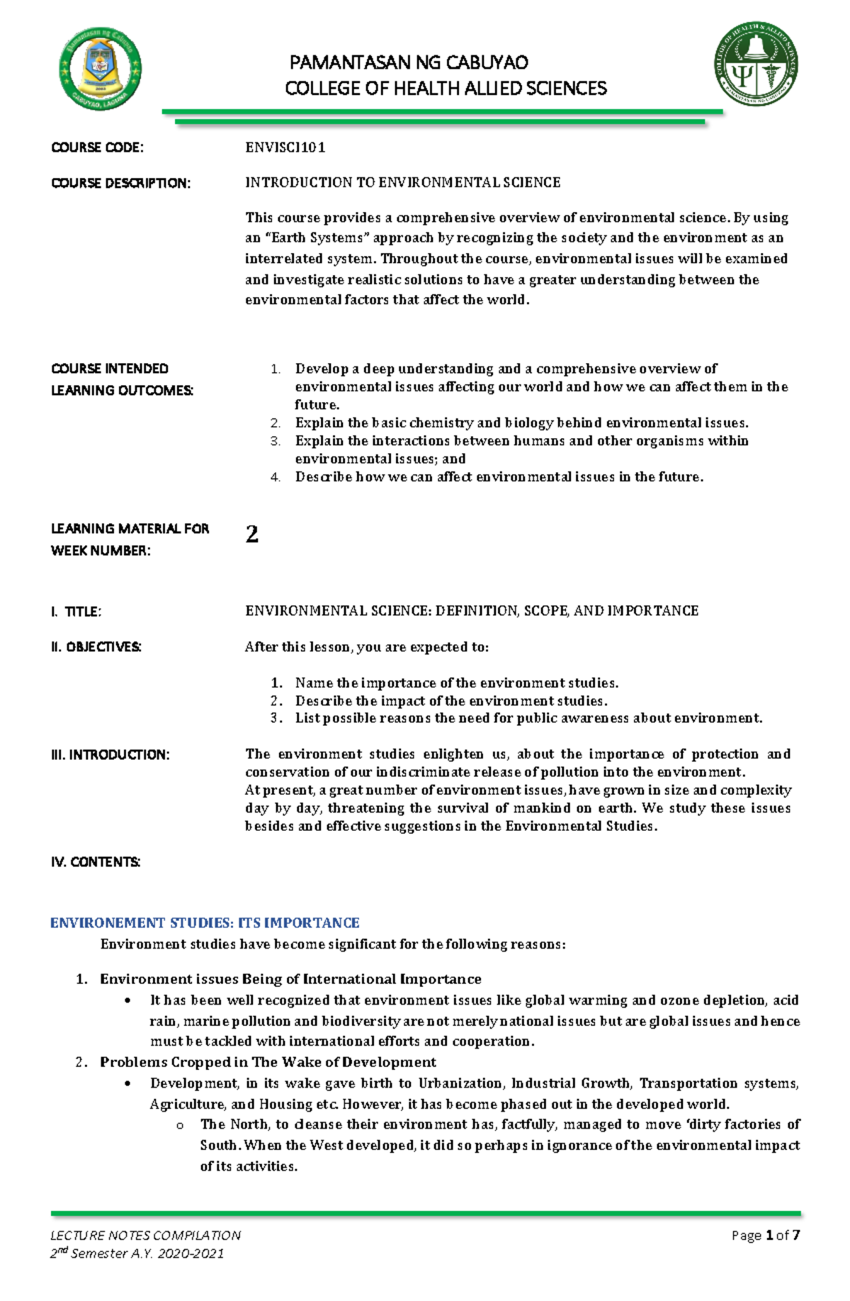 WEEK 3 Importance OF Environmental Science - COLLEGE OF HEALTH ALLIED ...