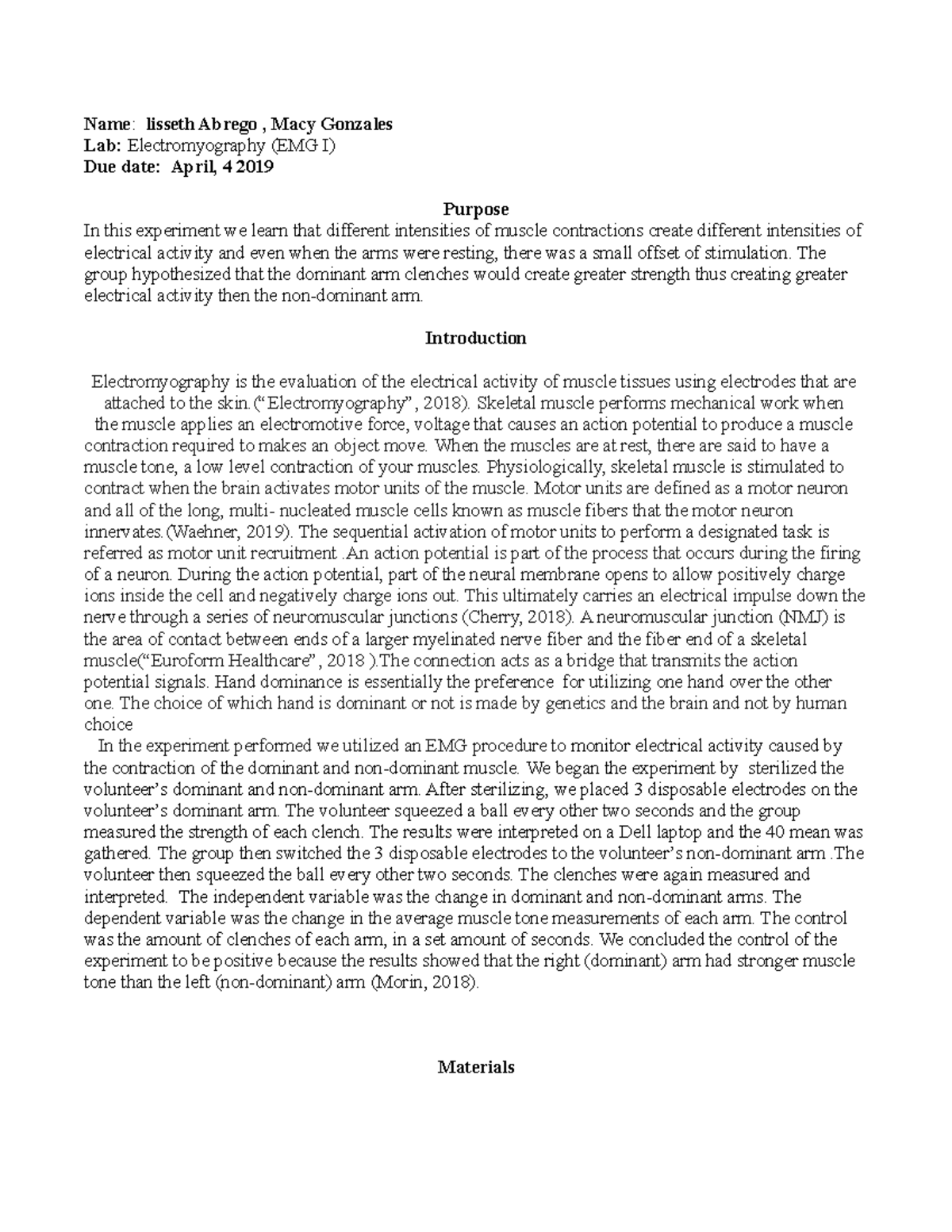 EMG Lab Report - Name: lisseth Abrego , Macy Gonzales Lab ...