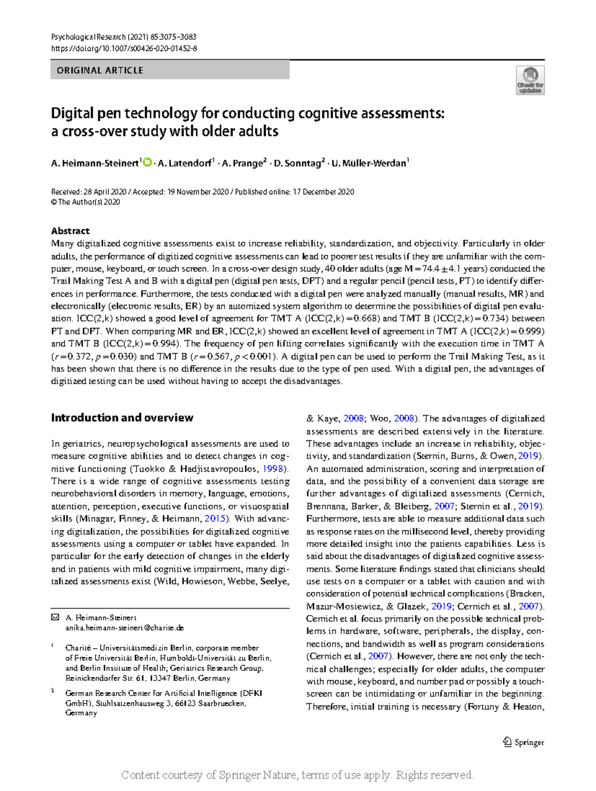 Digital pen technology for conducting cognitive as - Vol.:(0123456789)1 ...