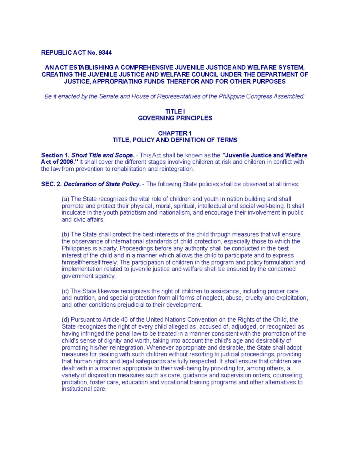 RA NO 9344 Juevenile REPUBLIC ACT No 9344 AN ACT ESTABLISHING A