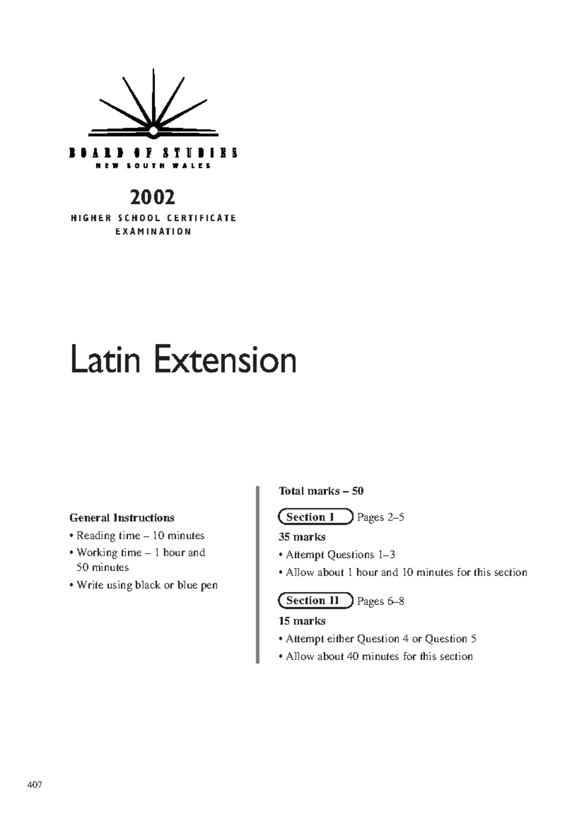 Latin ext hsc exam 2002 - Past HSC paper 2002 - Latin Extension 407 ...