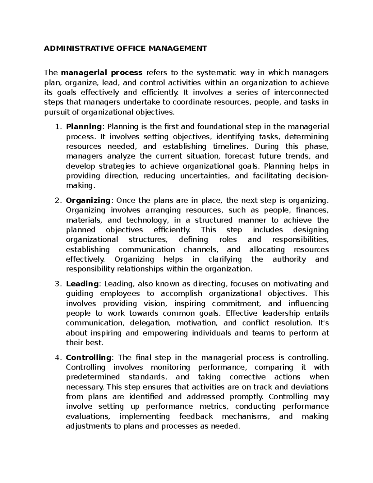 AOM- Module - ADMINISTRATIVE OFFICE MANAGEMENT The managerial process ...