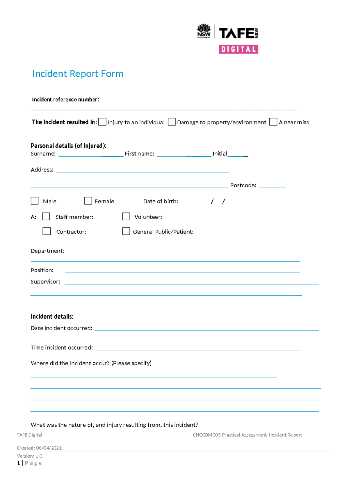 Incident Report - Practice materials - Incident Report Form Incident ...