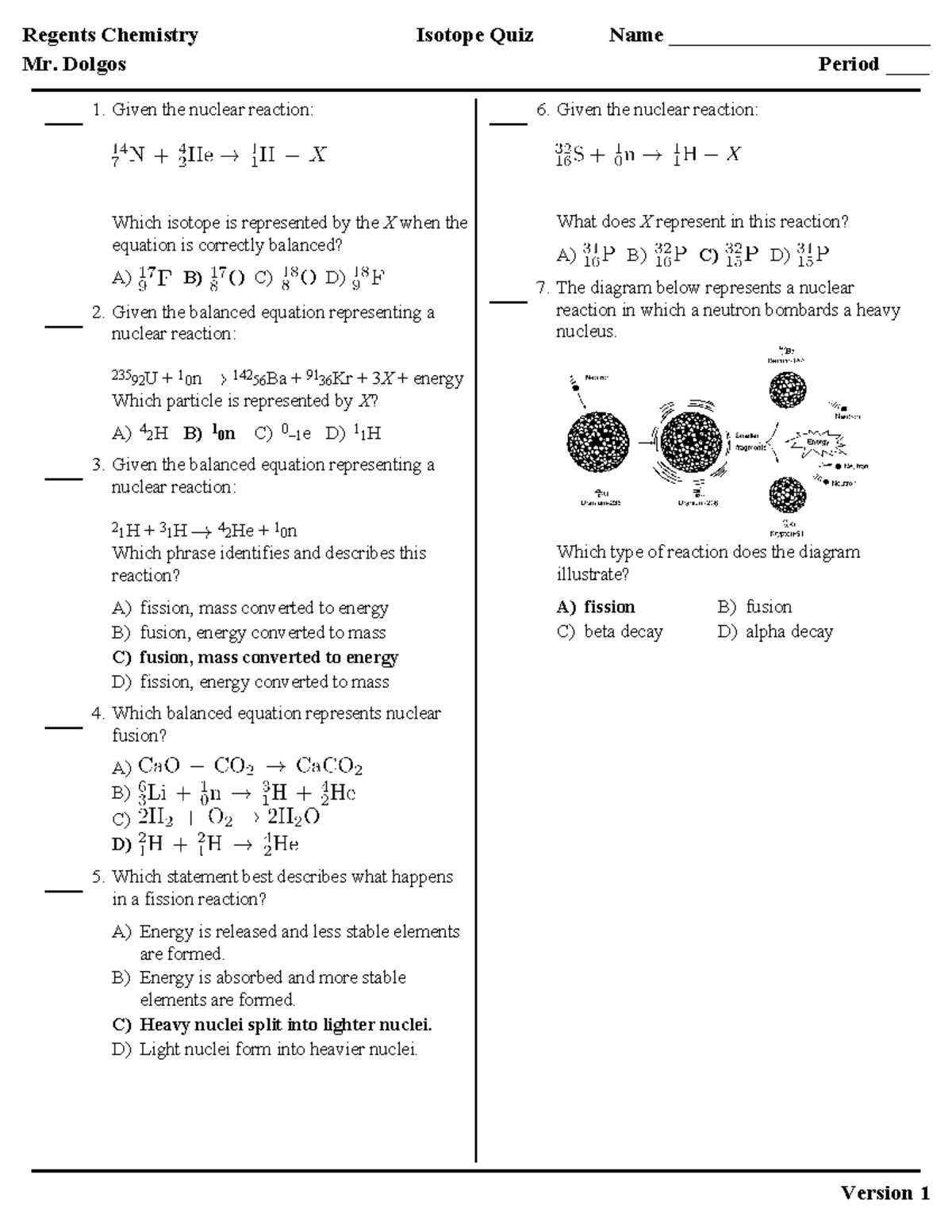 Quiz - artificial transmutation T1 - Regents Chemistry Isotope Quiz ...