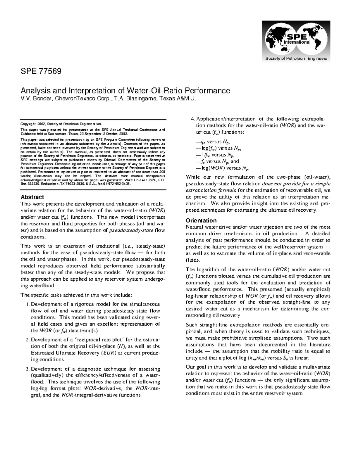 15 SPE 077569 (Bondar) WOR Analysis - Copyright 2002, Society of Petroleum Engineers Inc. This ...